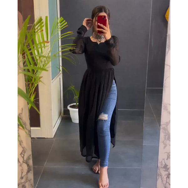 Black Plain Georgette Nyra Cut Kurti – I4U Clothing